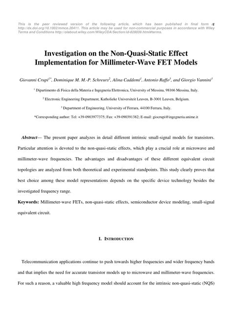 Pdf Investigation On The Non Quasi Static Effect Implementation For Millimeter Wave Fet Models