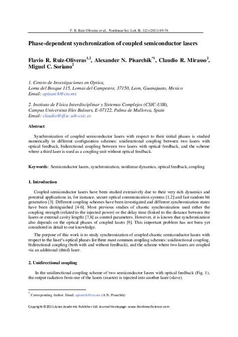 Pdf Phase Dependent Synchronization Of Coupled Semiconductor Lasers