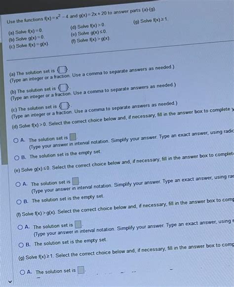 solved use the functions f x x2−4 and g x 2x 20 to answer