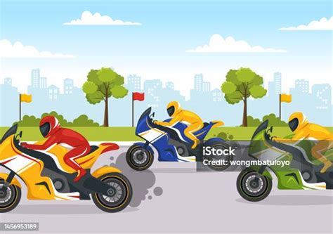 경마장에서 오토바이 경주 선수권 대회 평평한 만화 손으로 그린 템플릿의 랜딩 페이지에 대한 레이서 승마 모터와 그림 경쟁에 대한