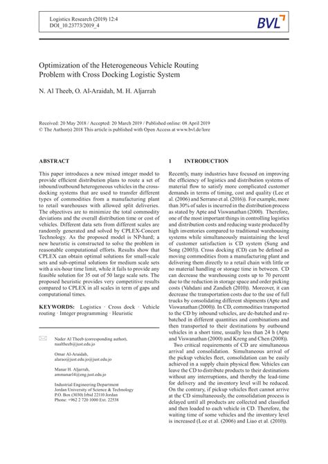 Pdf Optimization Of The Heterogeneous Vehicle Routing Problem With