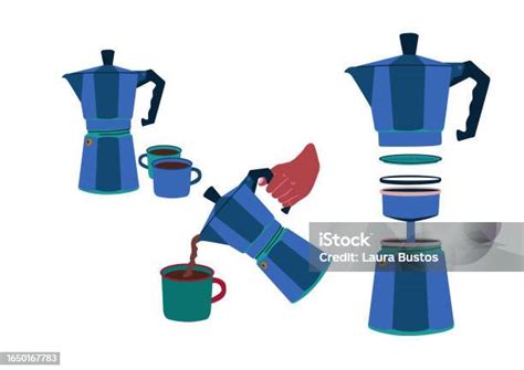 커피 포트의 삽화 세트입니다 손으로 커피를 붓는 이탈리안 커피 포트 이탈리아 커피 메이커 분해 커피 마실 것에 대한 스톡 벡터