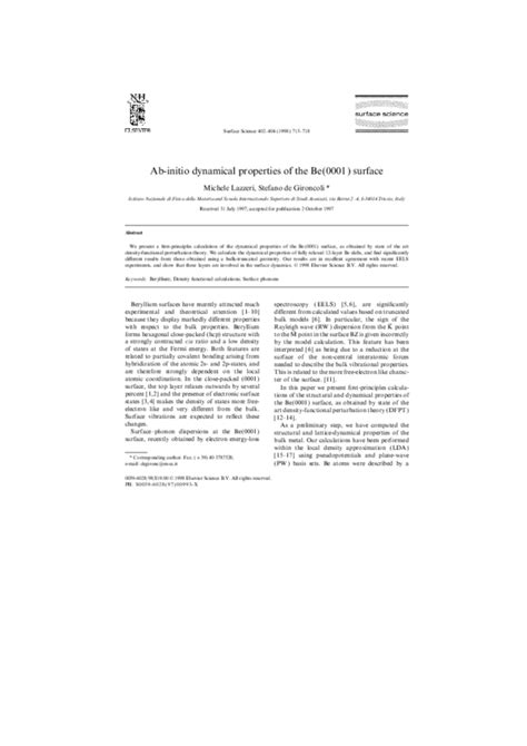 Pdf Ab Initio Dynamical Properties Of The Be 0001 Surface