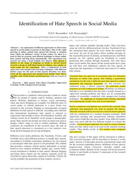 1 Identification Of Hate Speech In Social Media Pdf Machine Learning Hatred