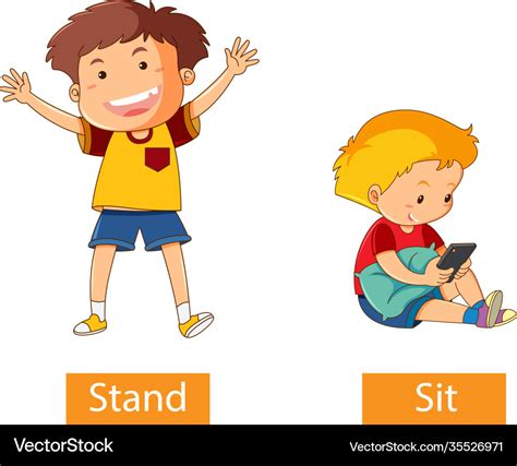 Opposite Verb Words With Stand And Sit Royalty Free Vector