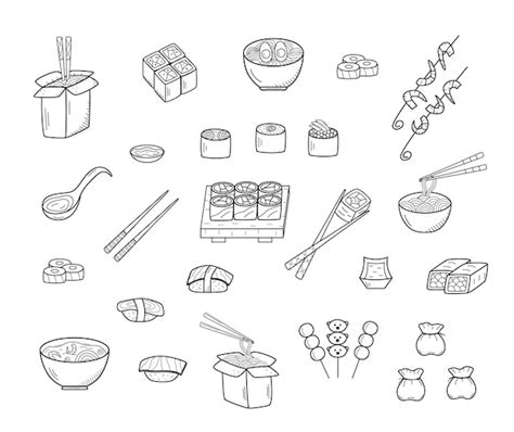 아시아 음식 세트 도들 스타일 일본어 중국어 타이완어 터 일러스트레이션 프리미엄 벡터