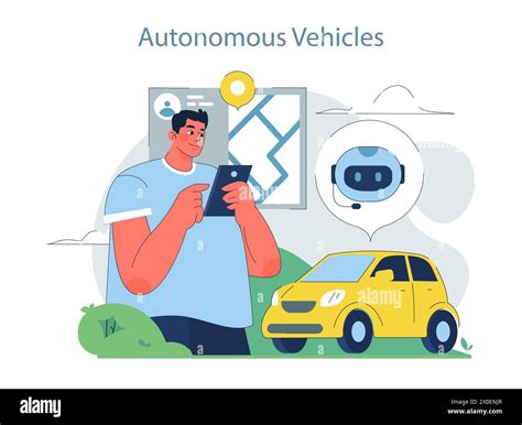Autonomous Vehicles Concept Man Using Tablet To Interact With Self