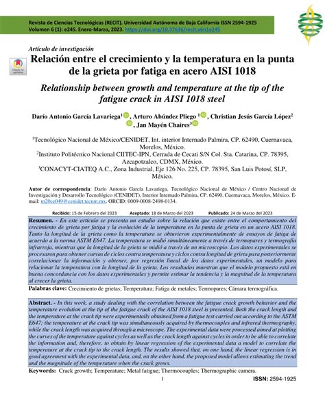 Pdf Relationship Between Growth And Temperature At The Tip Of The Fatigue Crack In Aisi 1018 Steel