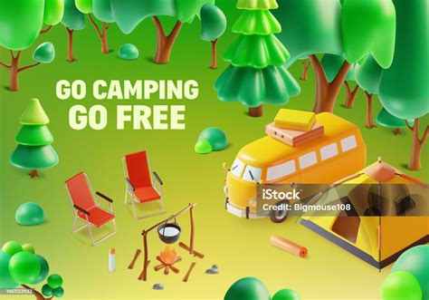 3d 이동 캠핑 광고 배너 개념 포스터 카드 벡터 3차원 형태에 대한 스톡 벡터 아트 및 기타 이미지 3차원 형태 공원 나무 Istock