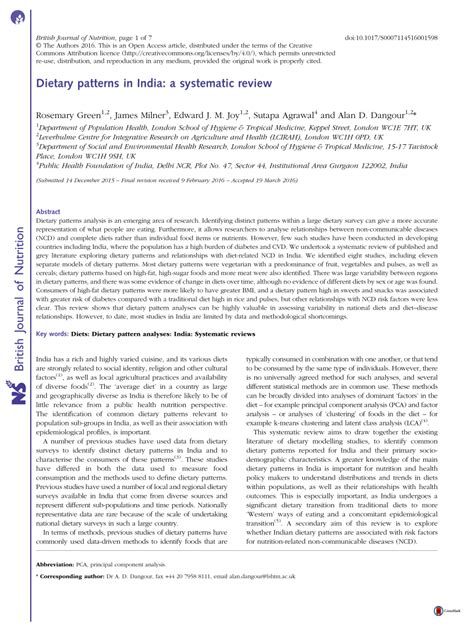 Pdf Dietary Patterns In India A Systematic Review