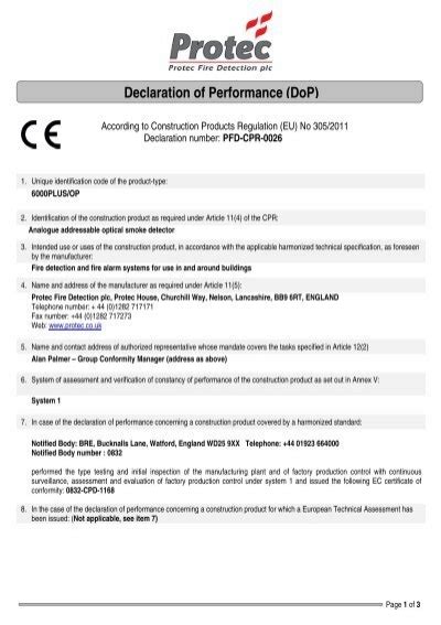 declaration of performance dop protec fire detection
