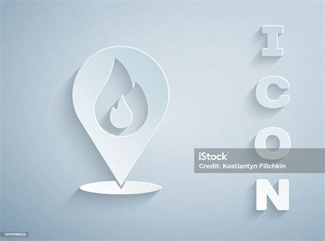 회색 배경에 격리 된 화염 아이콘이있는 용지 잘라맵 포인터 근처에서 화재 종이 아트 스타일 벡터 불길에 대한 스톡 벡터 아트 및 기타 이미지 Istock