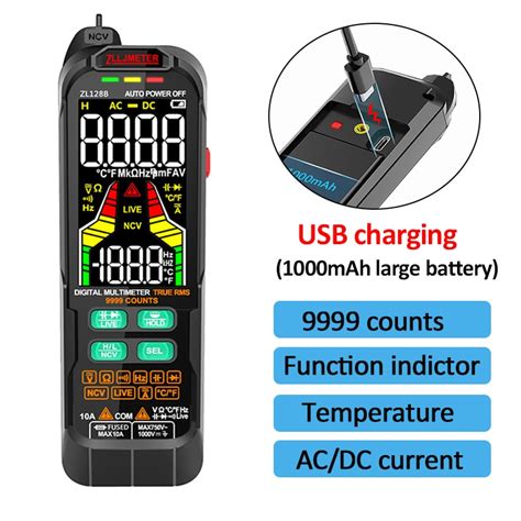 Usb 충전 휴대용 디지털 멀티미터 전문 Ac Dc 전류 전압 감지기 자동 범위 온도 커패시턴스 T Rms 멀티미터