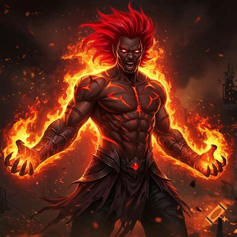 Dark Skinned Male Villain With Long Red Hair And Fire Powers On Craiyon