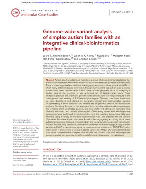 Pdf Genome Wide Variant Analysis Of Simplex Autism Families With An
