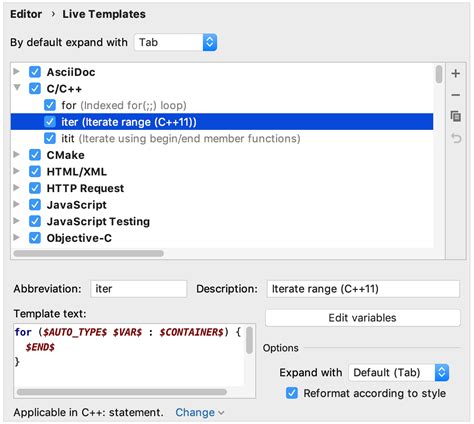 live templates clion documentation