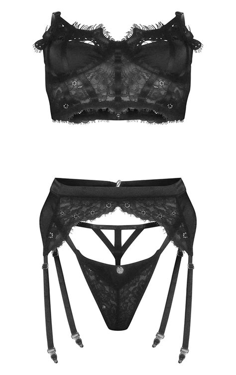 Black Lace Trim Strapping 3 Piece Lingerie Set Prettylittlething Qa