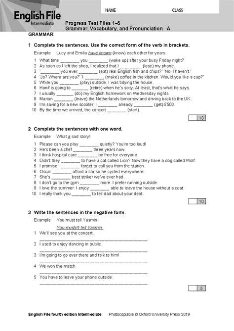 English File Intermediate Progress Test Grammar Vocabulary