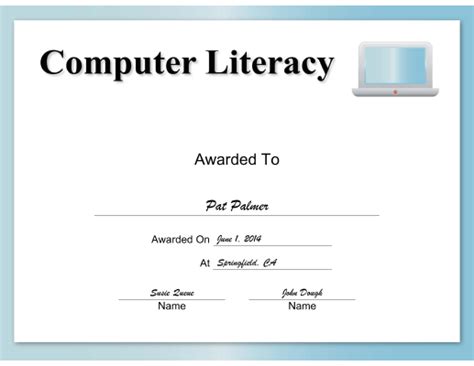 Computer Literacy Certificate Printable Certificate