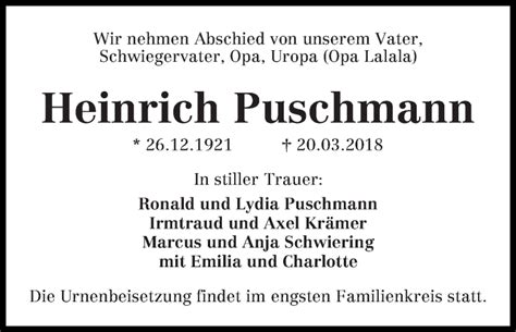Traueranzeigen Von Heinrich Puschmann Trauer And Gedenken