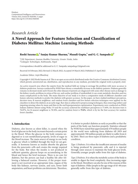 Pdf A Novel Approach For Feature Selection And Classification Of Diabetes Mellitus Machine