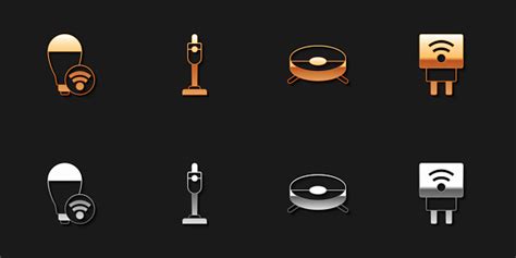 스마트 전구 진공 청소기 로봇 진공 및 전기 플러그 아이콘을 설정합니다 벡터 가사 집안일에 대한 스톡 벡터 아트 및 기타 이미지 가사 집안일 가정 생활 금 금속