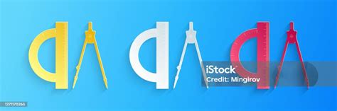 용지는 파랑 배경에 격리된 프트랙터와 드로잉 나침반 아이콘을 잘라냅니다 전문 악기를 그리기 기하학적 장비 교육 표지판 종이 아트