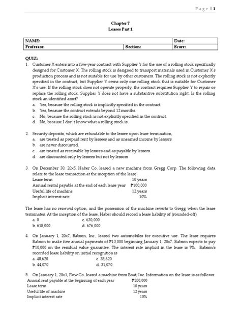 Quiz Chapter 7 Leases Part 1 2021 Pdf Lease Option Finance