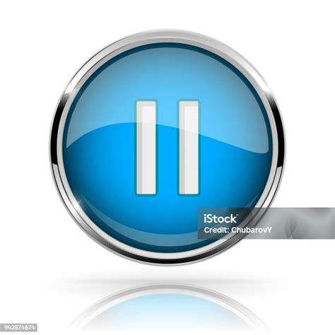 블루 라운드 미디어 버튼입니다 일시 중지 버튼을 누릅니다 크롬 프레임와 반사 반짝 아이콘 3차원 형태에 대한 스톡 벡터 아트 및