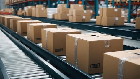 A Bustling Warehouse With Cardboard Boxes On A Conveyor Belt For