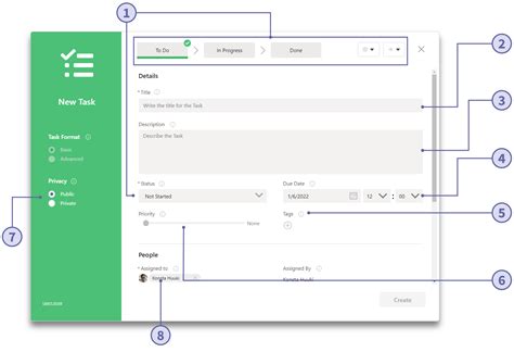 elements of the new task popup fingertip for microsoft teams