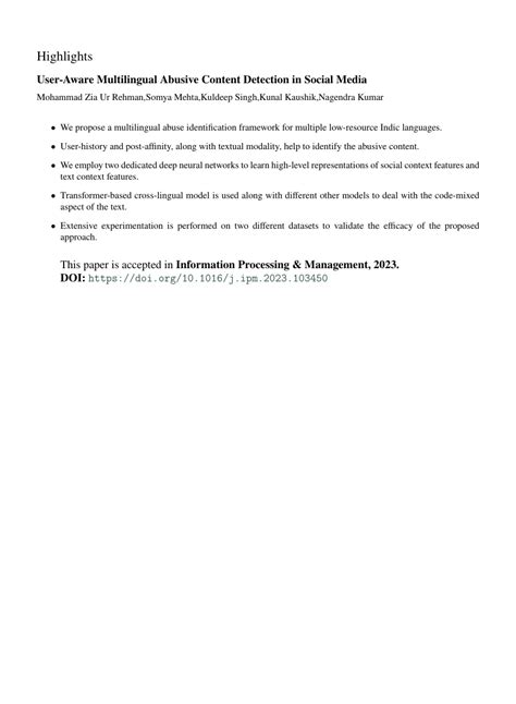 Pdf User Aware Multilingual Abusive Content Detection In Social Media