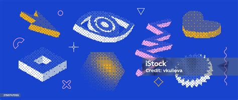 비트맵 픽셀화된 도형 집합입니다 하프톤 기하학적 개체 컬렉션을 디더링합니다 눈 화살표 지그재그 심장 육각형 배너 포스터 전단지에 대한 별 요소 Pixel 3d 래스터 효과