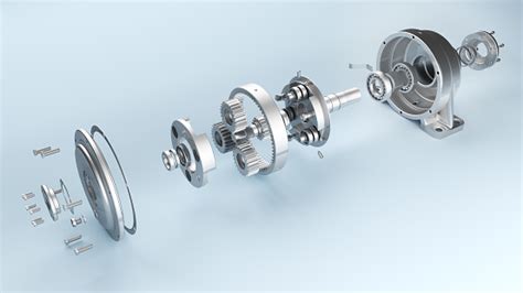 분해 된 형태 베어링 샤프트 및 기어의 유성 기어 박스 흰색 배경에 대한 세부 정보의 3d 그림입니다 3차원 형태에 대한 스톡