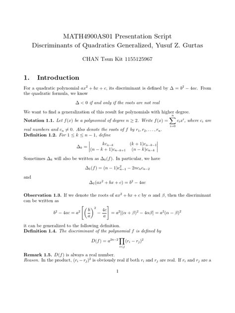 Math4900as01 Presentation Script Pdf Quadratic Equation Abstract