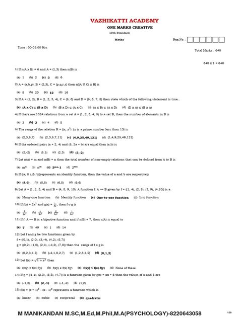 10 Maths One Marks Creative 1 8 Chpter Pdf Function Mathematics