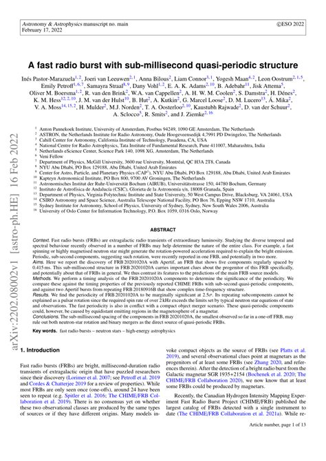 Pdf A Fast Radio Burst With Sub Millisecond Quasi Periodic Structure