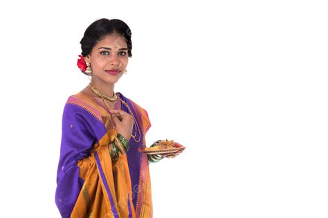 Beautiful Indian Woman Worshipping With Pooja Thali Thali Dussehra Girl