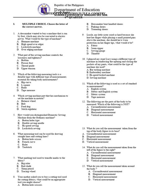Midterm Exam In Tle 7 Dressmaking 4th Q Pdf Sewing Sewing Machine