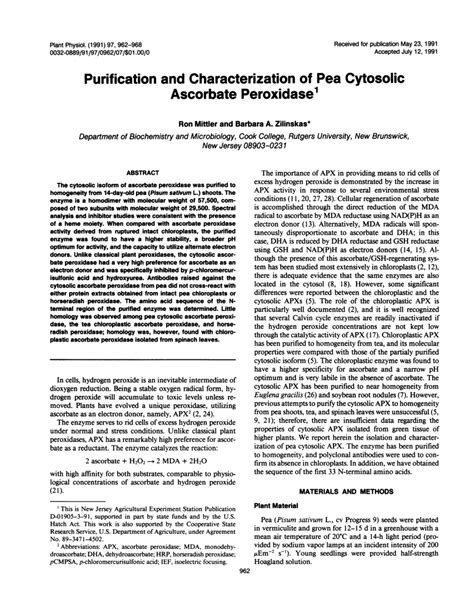 Pdf Purification And Characterization Of Pea Cytosolic Ascorbate Peroxidase