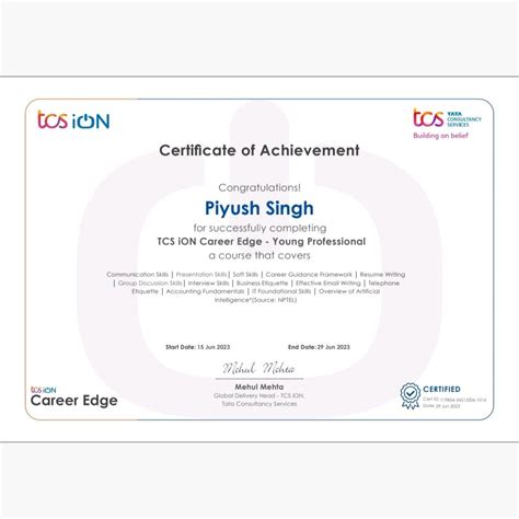 Piyush Singh On Linkedin Proud To Share That Ive Completed The Tcs Ion Young Professional Course