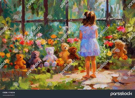 نقاشی اکریلیک دختر ناز کودک خرس عروسکی در دست ایستاده و به باغ زیبا