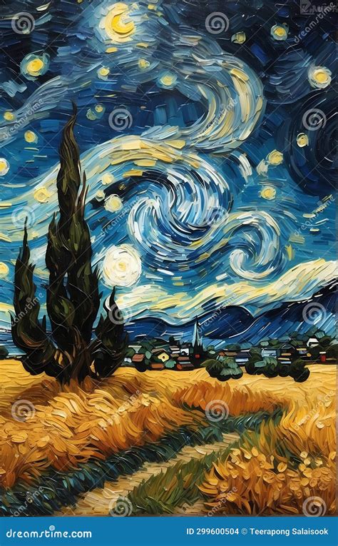 Wheatfield With Cypress Trees Under The Starry Night Stock Illustration