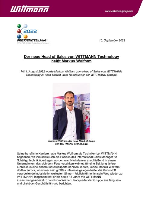 Markus Wolfram Head Of Sales Bei Wittmann Technology Wittmann Group