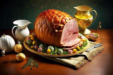 Premium Photo Festive Dish Easter Ham For Lunch On Table