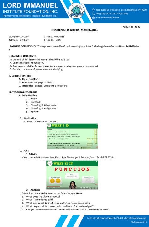 Genmath Lp Functions Lesson Plan August 22 And 24 2022 August 30