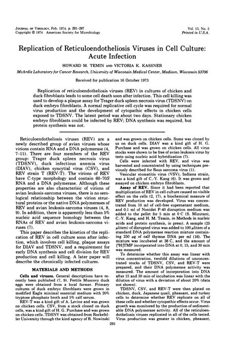 Replication Of Reticuloendotheliosis Viruses In Cell Culture Acute