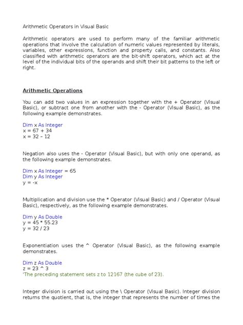 Arithmetic Operators In Visual Basic Pdf Division Mathematics
