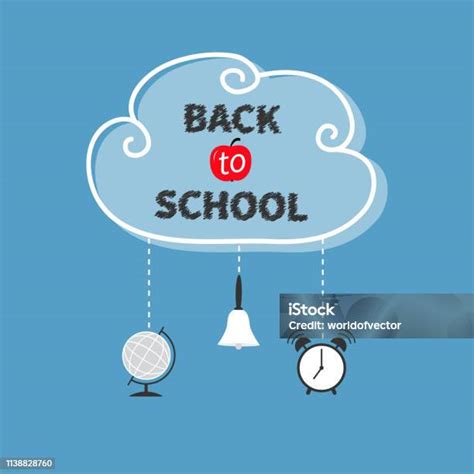 다시 학교로 흰색 구름 윤곽 프레임입니다 매달려 알람 시계 벨 울리는 세계 지구 대시 라인 로프 평면 디자인입니다 파란색 배경입니다 0명에 대한 스톡 벡터 아트 및 기타