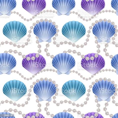 다채로운 조개와 진주 흰색 배경에 인쇄와 함께 완벽 한 끝 없는 패턴 월페이퍼 포스터 포장지 웨딩 카드에 대 한 식품 업계에서 사용할 수 있습니다 가리비에 대한 스톡 벡터